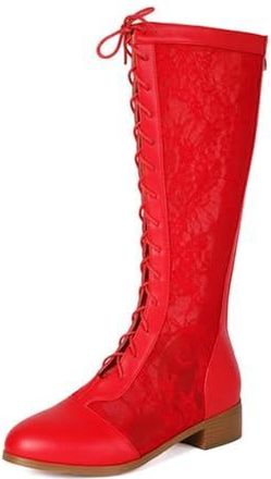 Generic Femmes Dentelle Creux Bout Rond Patchwork Genou Bottes Hautes Sandales &agrave; Talons Blocs Bas Lacets Chaussures Robe D&eacute;t&eacute;, Rouge, 39.5 EU