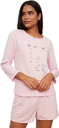 Trendyol Damen Print Mitte Gestrickt T-Shirt-Shorts Pyjama, Pyjama Ensemble aux Femmes, Pink