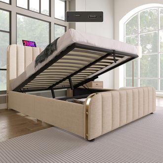 Suky Brand Polsterbett Doppeltes, USB Typ-C Ladefunktion, gepolstertes Kopfteil mit goldenen Zierstreifen und, Leinen-Material Hydraulisches Lagerbett (Beige/Ohn