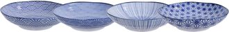 Tokyo Design Studio TOKYO Design Nudel Schüssel Flach 4er Set Porzellan mit Muster blau-weiß, Japanische Design Reisschüssel Müslischüssel Obstschüssel mit Muster Ø 21 cm