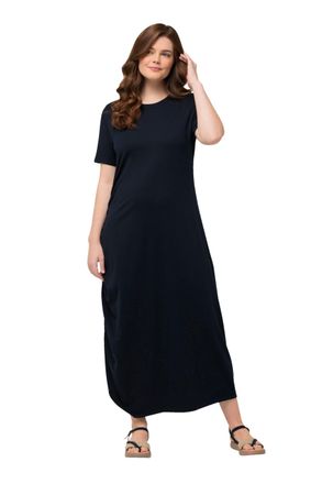 Ulla Popken Damen Jersey-maxikleid, Rundhals, Halbarm, Biobaumwolle, Marine, 50-52 EU