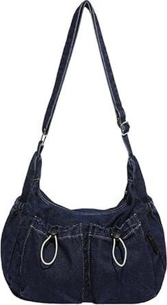 Generic Sac &agrave; bandouli&egrave;re en denim de couleur unie avec plusieurs poches, grande capacit&eacute;, sac fourre-tout Hobo pour le travail et les sorties, noir fonc&eacute;, 30