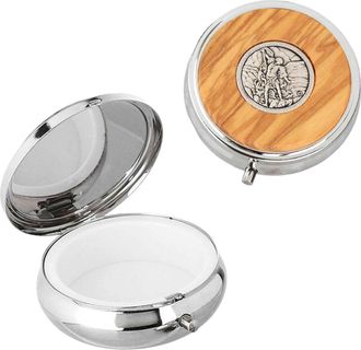 NKlaus Hostiendose 6cm Erzengel Michael - Rosenkranz Metalletui klein aus Olivenholz und Metall, Schutzengel Gravur, ideal zur sicheren Aufbewahrung von Host