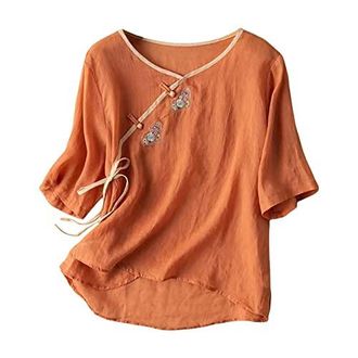 Generic Vimoli Chemisier Femme Vintage Style Ethnique Broderie Imprim&eacute; Floral Haut &agrave; Manches Courtes D&Eacute;t&eacute; D&eacute;contract&eacute;e Col en V Boutons Tunique Top T-Shirt Ch