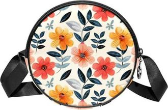 Generic Sac &agrave; bandouli&egrave;re rond pour femme, motif fleurs et feuilles, sac &agrave; dos avec fermeture &eacute;clair, bretelles r&eacute;glables, sac &agrave; main rond d&eacute;contract&eacute; pour fe