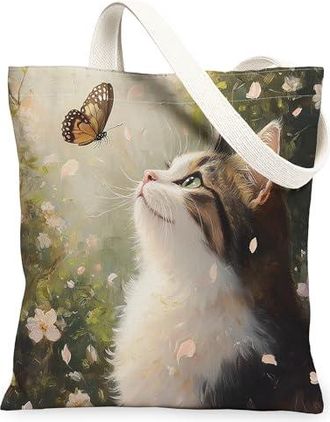 Generic Spring Maine Coons Sac fourre-tout en toile r&eacute;utilisable Motif chats 33 x 38 cm Motif papillons amusants Pour femme, chaton animal domestique peinture