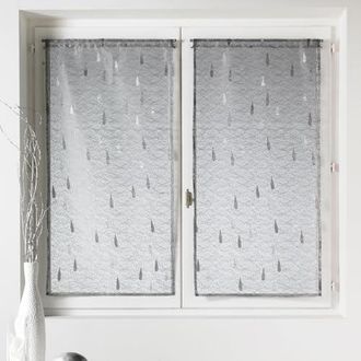 HOME MAISON Homemaison - Paar kleine Gardinen, Organza und Jacquard, mit Tropfenmuster, Polyester, Saum, Zugstange, f&uuml;r K&uuml;che, Wohnzimmer, 80 x 160 cm, Hellgrau