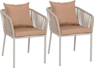 Hhg 2er-Set Gartenstuhl HHG-616, Outdoor Armlehne, wetterfest Aluminium Seilgeflecht Rope grau Kissen taupe