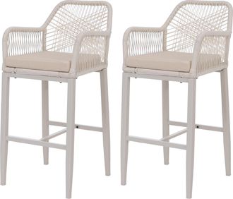 Mendler 2er-Set Rope-Barhocker HWC-P91, Barstuhl Tresenhocker, Outdoor Sitzpolster Seilgeflecht Metall - Creme