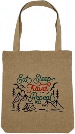 Fabulous Sac Shopping Tote Bag Aspect Lin - Eat Sleep Travel Repeat Voyage Camping Nature - Sac de Courses Toile Epaisse 360g Beige Naturel Cabas Port&eacute; Epaule 