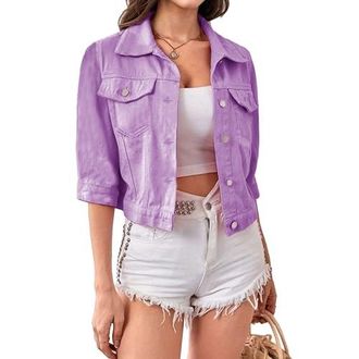 Generic Veste courte en jean à manches 3/4 pour femme avec revers uni et poches, violet, 5XL