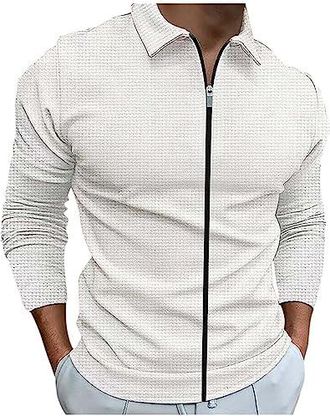 Generic Chemise zippée à manches longues en maille gaufrée pour homme - Coupe ajustée - Couleur unie - Polyvalent - Pour le printemps et lautomne - Décontract