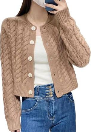 Generic Cardigan court en cachemire pour femme - Tricot - Printemps - Col rond - Manteau en laine - Dough Twists, kaki, XS Taille courte