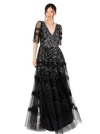 Maya Womens Maxi Dress Ladies V-Neck Sequin Embellished Ruffle Detail for Wedding Guest Bridesmaid Prom Occasion Ball Gown, Robes