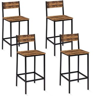 IDMarket Idmarket - Lot de 4 tabourets de bar avec dossier - Bois fonc&eacute; effet vieilli et m&eacute;tal noir - Hauteur 95 cm - Repose-pieds en m&eacute;tal pour confort