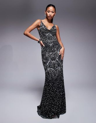 Beauut Joan - Robe longue &agrave; fines bretelles et sequins - Noir