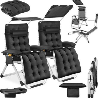 TecTake Lot 2 chaises longues pliables avec pare-soleil et repose-pieds noir