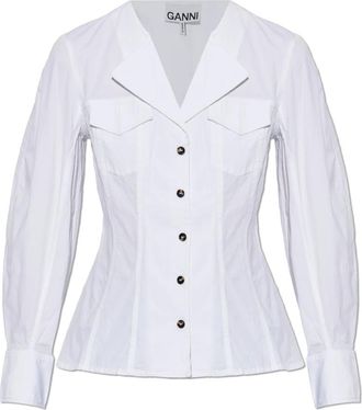 Ganni Femme, Blouses et Chemises, Blanc, Taille: 40 FR V-neck Puff-sleeve Shirt