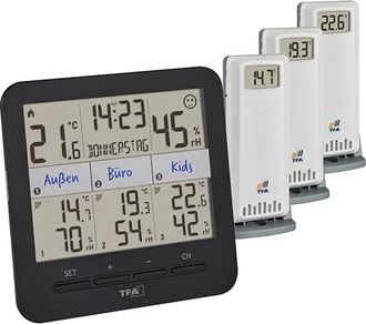 TFA Dostmann Thermo-Hygrometer mit 3 Sendern Klima@Home2, 30.3075.01, Temperatur/Luftfeuchtigkeit in Wohn- & Arbeitsbereichen, inkl Angabe des Taupunktes zur Schim