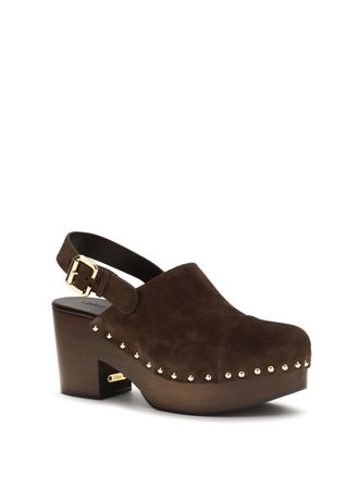 Chlo&eacute; Womens Jeannette Wedge Clogs Glossy Calfskin Chocolate Brown Calf Leather Bos Taurus Sandal