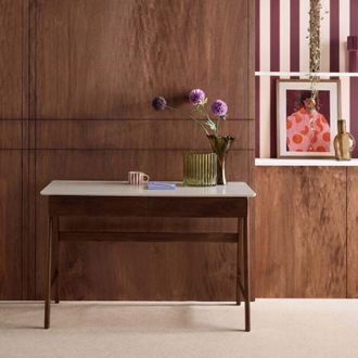 Sweeek Bureau d&eacute;cor bois pi&eacute;tement bois dh&eacute;v&eacute;a 2 tiroirs noyer - Tommy