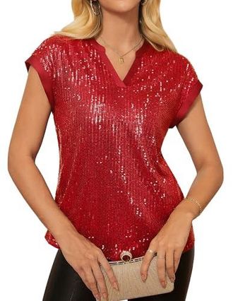 Grace Karin Hauts &agrave; Paillettes pour Femmes FR Col V Manches Courtes Blouse de F&ecirc;te Scintillante, Rouge, S