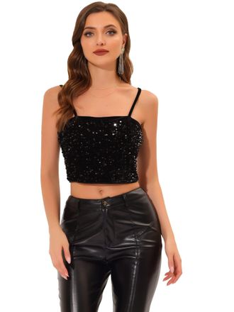 Allegra K Damen Pailletten Oberteil &Auml;rmellos Tanktop Spaghettitr&auml;ger Glitzer Cami Party Crop Top Schwarz XL
