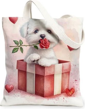 Generic Sac fourre-tout en toile motif bichon fris&eacute; 33 x 38 cm, cadeau amusant pour la Saint-Valentin, sac d&eacute;picerie r&eacute;utilisable pour femme, motif animal de 