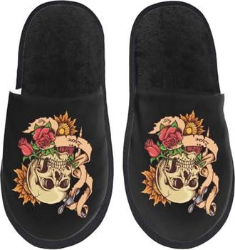 Generic Unisex Peluche Pantoufles Tatouage de cr&acirc;ne avec rose Chausson Maison L&eacute;g&egrave;re Chaussons dint&eacute;rieur pour Int&eacute;rieur Femme Ext&eacute;rieur M