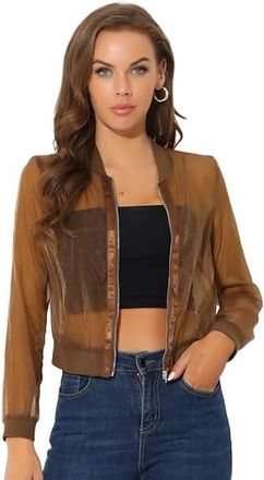 Allegra K Blouson aviateur transparent léger à manches longues pour femmes Marron XS