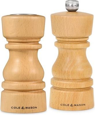Cole & Mason London Salz- und Pfefferstreuer & Mühlen-Geschenkset, 130 mm / 5 Mühle aus natürlichem Buchenholz, scharfes Keramikmahlwerk