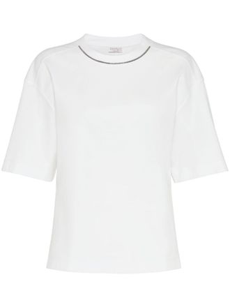 Brunello Cucinelli t-shirt en coton &agrave; ornements m&eacute;talliques - Blanc