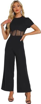 Allegra K Tenues Une Pi&egrave;ce Femmes Combinaison D&eacute;contract&eacute;e &agrave; Col Ras du Cou Jumpsuit en Maille Transparente &agrave; Jambe Large Combishort Chic Noir L
