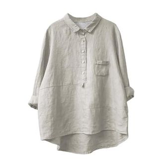 Generic Chemisier habill&eacute; en lin pour femme - D&eacute;contract&eacute; - Col &agrave; revers - Manches longues - Col en V - Haut de bureau basique, blanc, 3XL