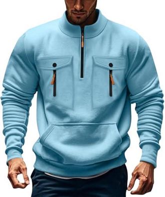 Generic Sweat-shirt sans capuche en polaire pour homme - Demi-fermeture &eacute;clair - Manches longues - Coupe droite - Confortable - T-shirt dext&eacute;rieur doux - Prin