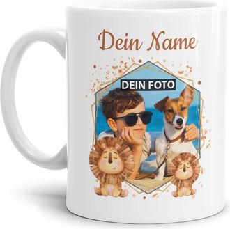 Tassendruck Kinder-Tasse mit Tiermotiv Löwe - mit Foto & Name selbst gestalten - Für Mädchen & Jungen - Keramik Weiß, 300 ml I Personalisiertes Geschenk für Kinde
