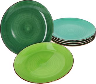 MamboCat Grüne Speise-Teller Set - 6 Stück Robustes Steingut-Geschirr für 6 Personen Mit Modernem Strudel-Dekor in Tollen Farbtönen - Flache Ess-Teller
