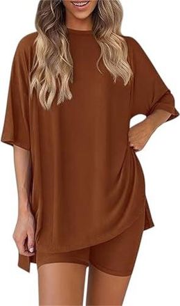 Generic Ensemble de 2 leggings d&eacute;contract&eacute;s doux et confortables &agrave; manches courtes pour femme, marron, 4XL