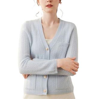 Generic Cardigan &agrave; col en V 100 % cachemire pour femme - Veste dhiver unie douce et confortable en tricot &eacute;l&eacute;gant, bleu ciel, Taille XL