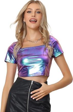 Allegra K Haut Court M&eacute;tallique Femme T-Shirt Brillant Holographique Dos Nu Nouer au Dos Top &agrave; Manches Courtes et Col Carr&eacute; Bleu Violet M