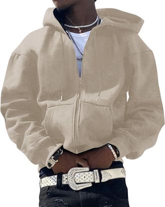 ORANDESIGNE Zip Hoodie Herren Kapuzenpullover Einfarbig Sweatjacke mit Kapuze Langarm Kapuzenjacke mit Taschen A Khaki XXL