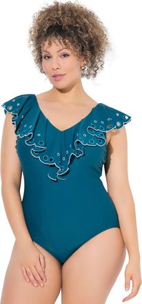 Ulla Popken Damen gro&szlig;e Gr&ouml;&szlig;en &Uuml;bergr&ouml;&szlig;en Plus Size Badeanzug, Volant, Stickerei, Softcups, recycelt tannengr&uuml;n 48 836655752-48