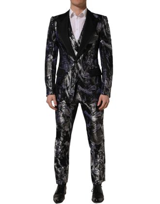 Dolce & Gabbana Mens Black Jacquard Slim Fit Formal 3 Piece Suit Viscose Polyester Silk