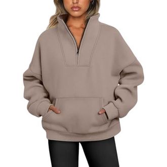 Generic Pull à capuche surdimensionné à manches longues et fermeture éclair quart de tour pour femme, kaki, 3XL