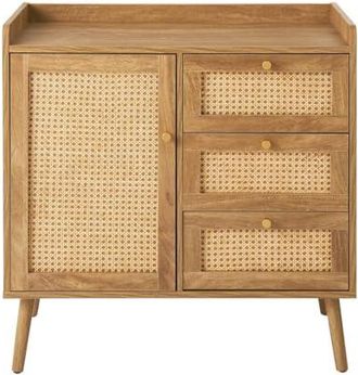 Calicosy Commode 1 Porte et 3 Tiroirs avec Fa&ccedil;ades en Rotin Naturel et Pieds en Bois Massif - L80 x P39 x H79,5 cm - Collection Palmo