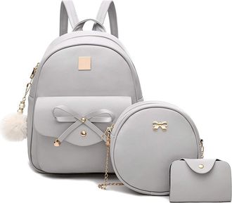 I Ihayner M&auml;dchen Bowknot 3-teiliger modischer Lederrucksack Handtasche f&uuml;r Damen Rucksack f&uuml;r Damen Umh&auml;ngetasche Grau