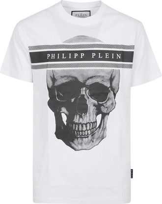 Philipp Plein Homme, Tops, Blanc, Taille: M T-Shirt Col Rond Logo T&ecirc;te de Mort Ligne
