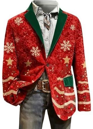 Generic Blazer de Noël moche en velours côtelé pour homme - Veste imprimée - Costume de vacances festif - Coupe ajustée - Revers simple boutonnage - Imprimé a