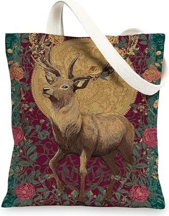 Generic Sacs fourre-tout en toile motif cerf, sacs dépicerie réutilisables, motif floral vintage, léger, lavable, multicolore, 33 x 38 cm