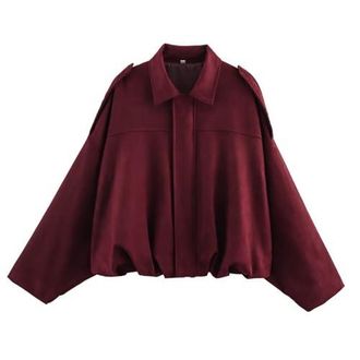 Generic Blousons bomber en daim pour femme, manteau court d&eacute;contract&eacute; &agrave; revers surdimensionn&eacute; &agrave; manches chauve-souris avec fermeture &eacute;clair, Rouge, M